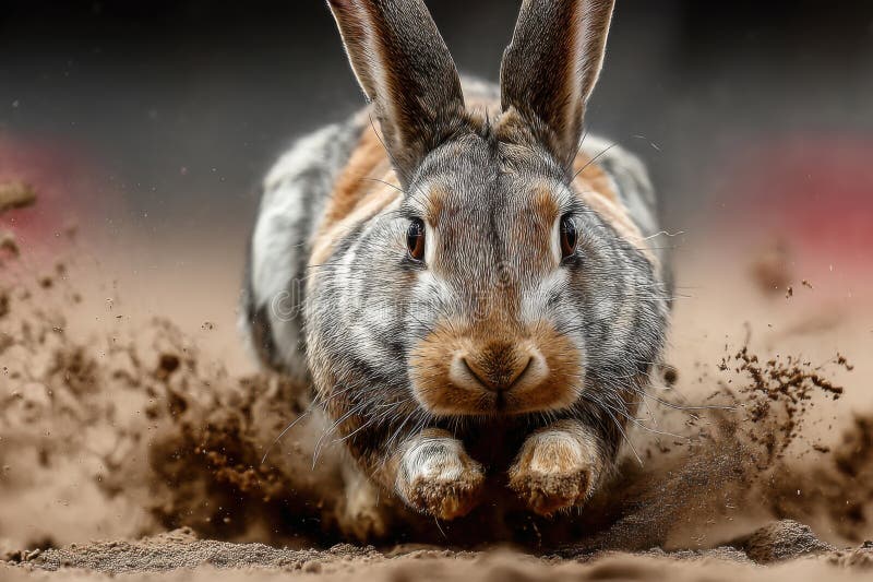 Rabbit Racing through Dirt As it Leaps Energetically in an Outdoor ...