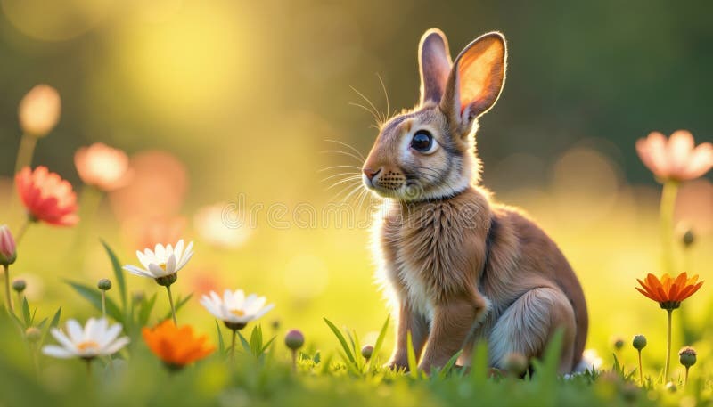 Rabbit in the Middle of a Field of Flowers with Backlit Ears and ...