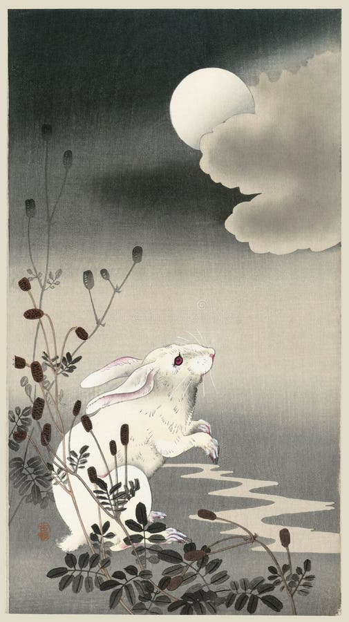 Rabbit and Moon. stock image. Illustration of print - 165057565
