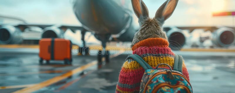 Rabbit in Multicolored Sweater and Backpack Facing Airplane at Airport ...
