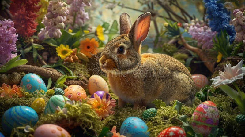 Rabbit Nestled among Easter Eggs in the Grassy Natural Environment ...