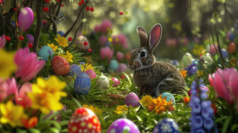 Rabbit Nestled among Easter Eggs in the Grassy Natural Environment ...