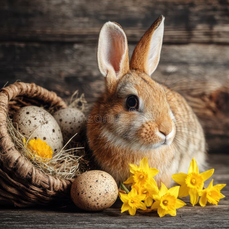 A Rabbit Next To a Colorful Basket Filled with Easter Eggs. Stock Photo ...
