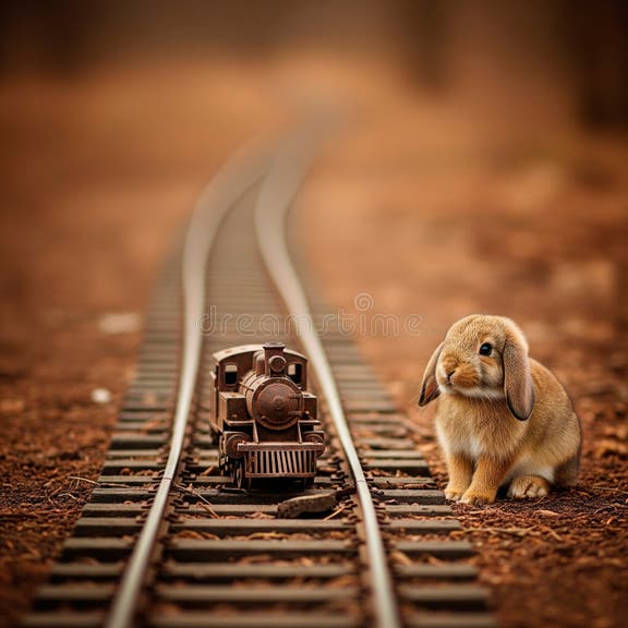 Rabbit Next To a Toy Train on the Railway. Stock Photo - Image of ...