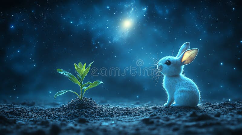 Rabbit Observing a Small Plant Under a Starry Night Sky, Magical ...