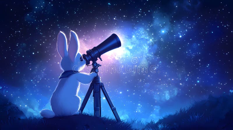 Rabbit Observing Stars with Telescope in a Night Sky Stock Illustration ...