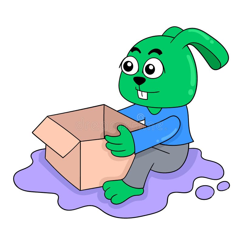 The Rabbit is Opening the Cardboard Box for the Order Package, Doodle ...