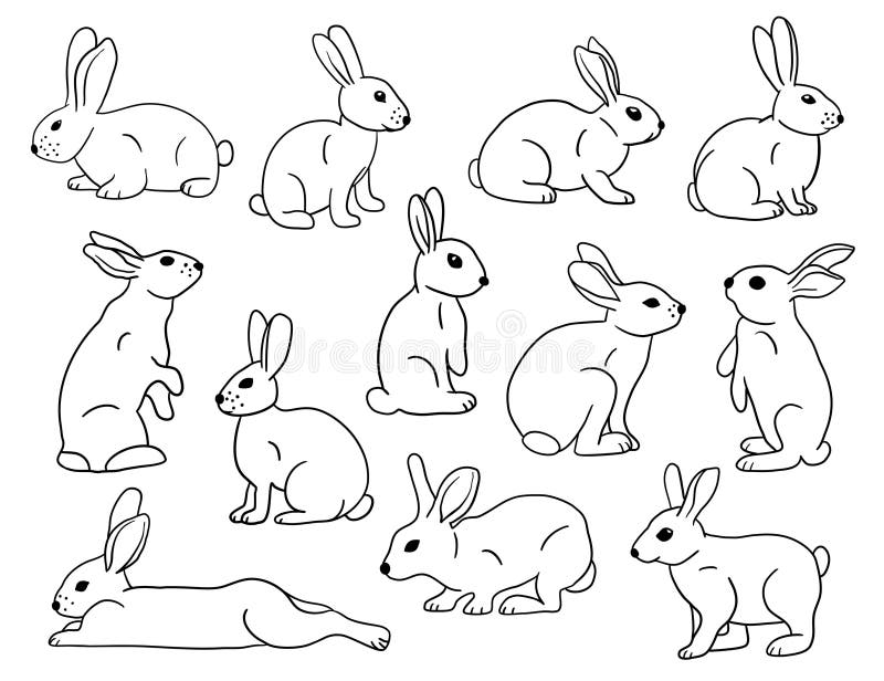 Rabbit Outline Silhouette Vector Set Isolated on White Stock Vector ...