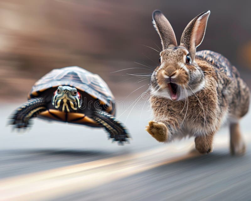 Rabbit Panting and Running Humorously Chasing a Turtle in a Fast Moving ...
