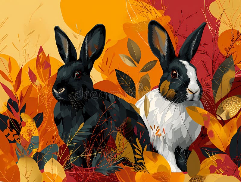 Rabbit Pattern Print, a Black and White Rabbits in a Field of Leaves ...