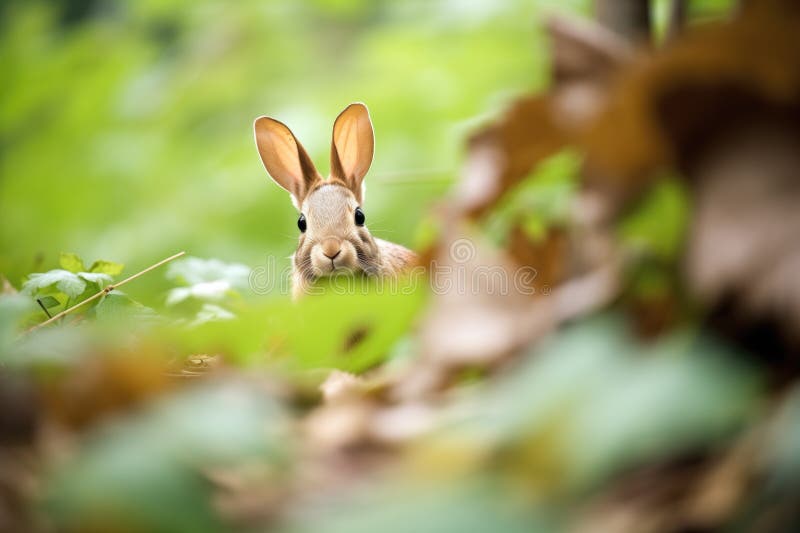 A Rabbit Peeking Out of the Foliage on the Forest Ground Stock Photo ...