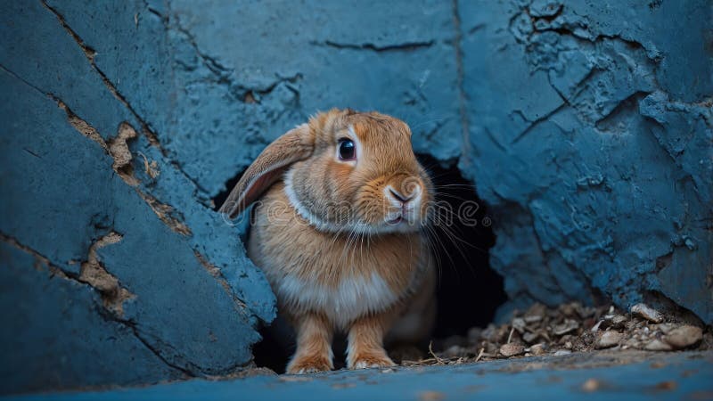 Rabbit Peeking Out of a Hole in a Blue Wall, Cute Pet Concept. Stock ...