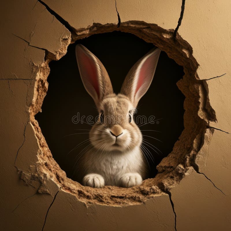 Rabbit Peeking Out of Hole in Brown Wall. Easter Concept Stock ...