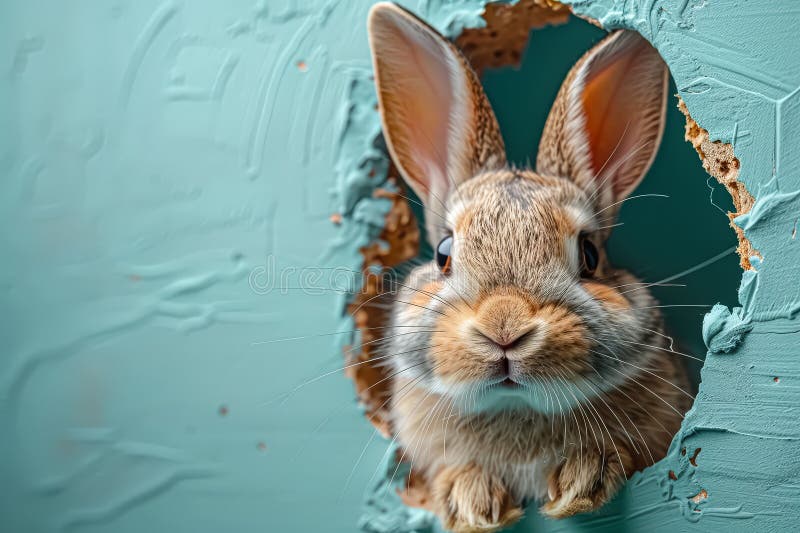 Rabbit is Peeking Out of a Hole in a Wall Stock Photo - Image of rodent ...