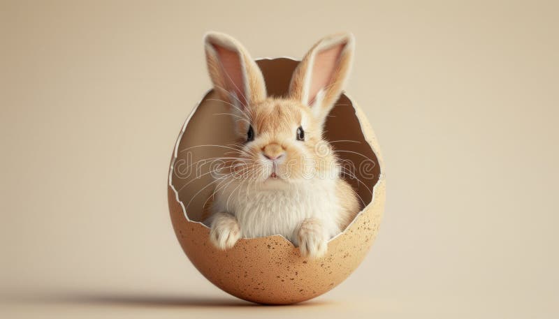 A Young Rabbit Emerging from a Large Eggshell in a Soft, Neutral ...