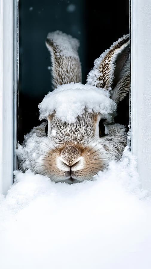 Rabbit Peeking Out Window Covered Snow Stock Photos - Free & Royalty ...