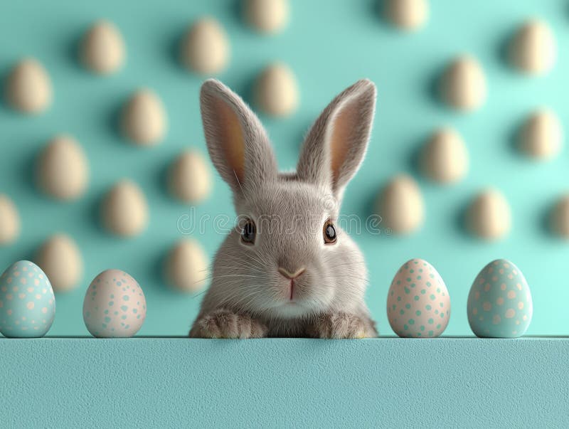 Rabbit Peeking Over a Wall with Colorful Easter Eggs in a Springtime ...