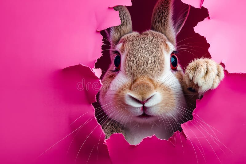 A Rabbit Peeking Out of a Hole in a Pink Paper Stock Photo - Image of ...