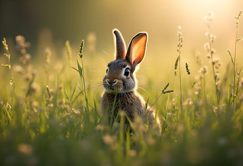 Rabbit Peeking from Tall Grass in Soft Sunlight Stock Image - Image of ...