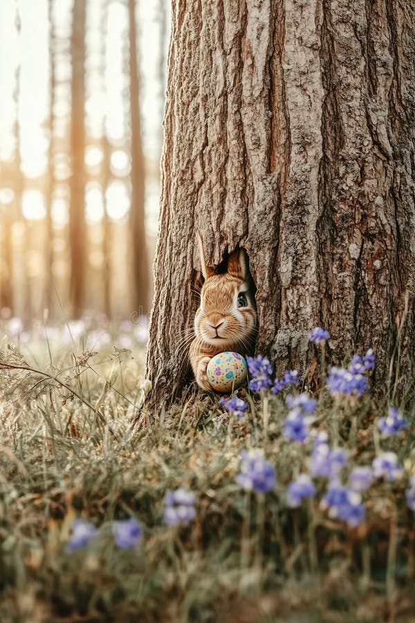 Curious Easter Bunny Peeking Holding Decorated Egg in Enchanted Spring ...