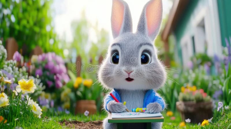 Rabbit with a Pencil and Paper in the Grass, AI Stock Photo - Image of ...
