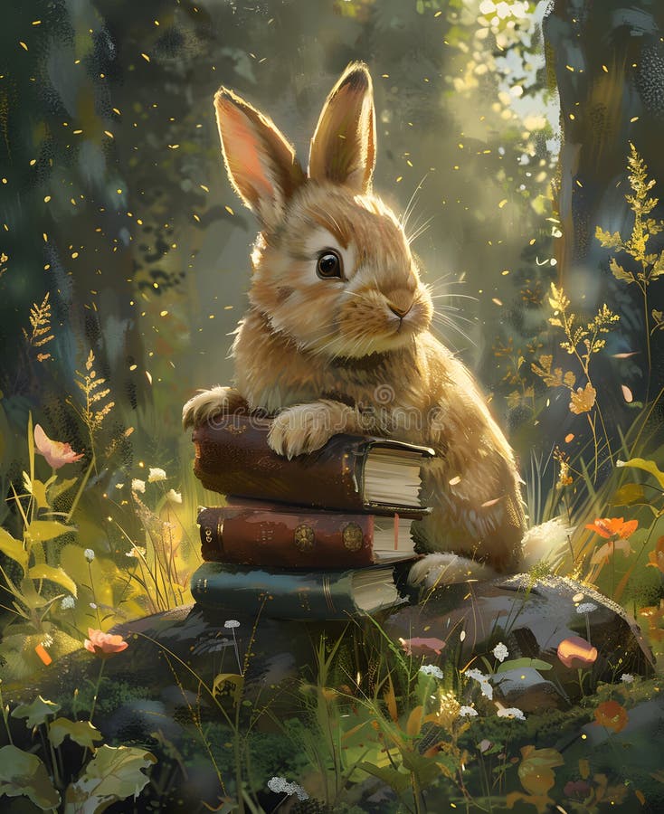 Rabbit Perched on Book Stack in Natural Landscape Stock Photo - Image ...