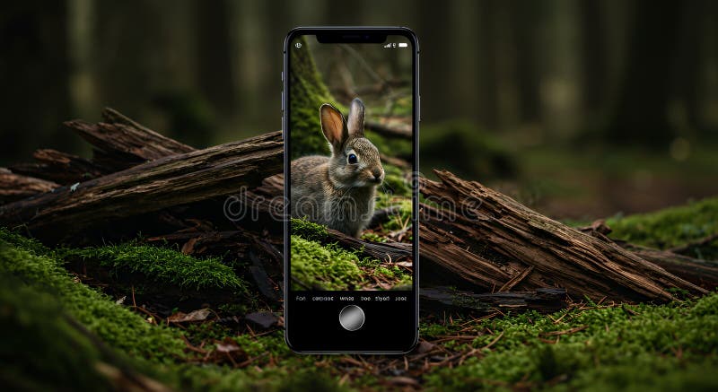 Rabbit Photograph on Smartphone Display in Forest Setting with Moss ...