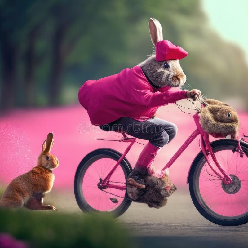 Rabbit in a Pink Jacket Riding a Bicycle in the Park Stock Illustration ...