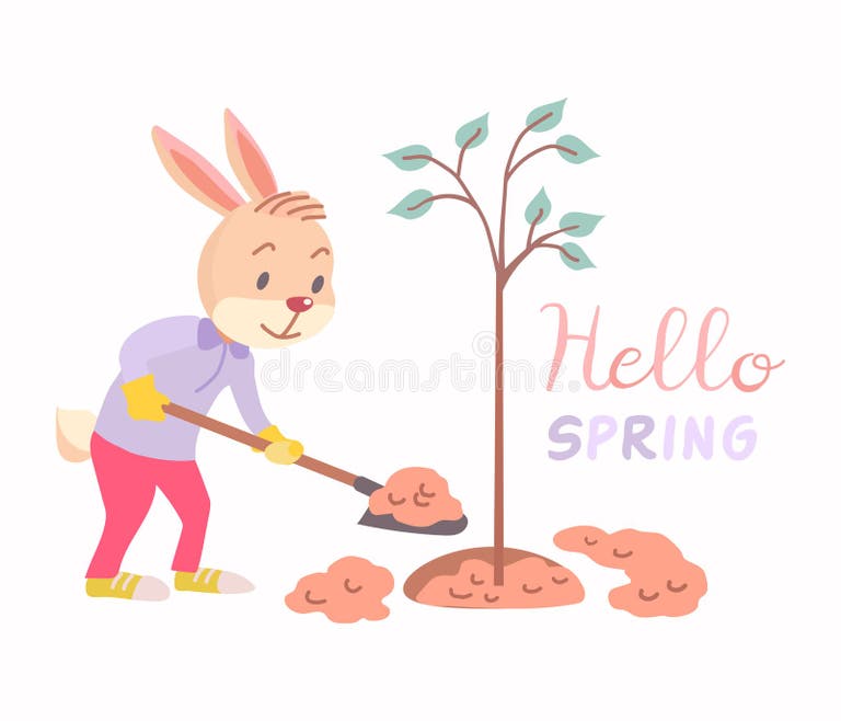 Rabbit Planting Tree in Spring Vector Illustration Stock Vector ...