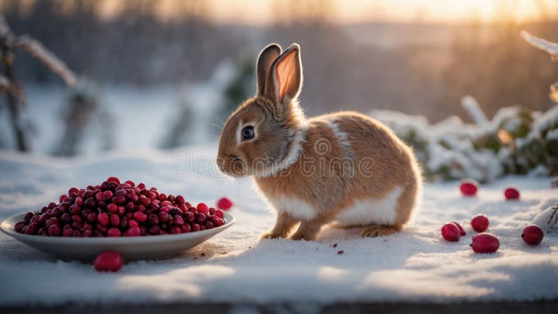 Adorable Bunny Rabbit Enjoying Cranberries in Snowy Winter Scene Stock ...