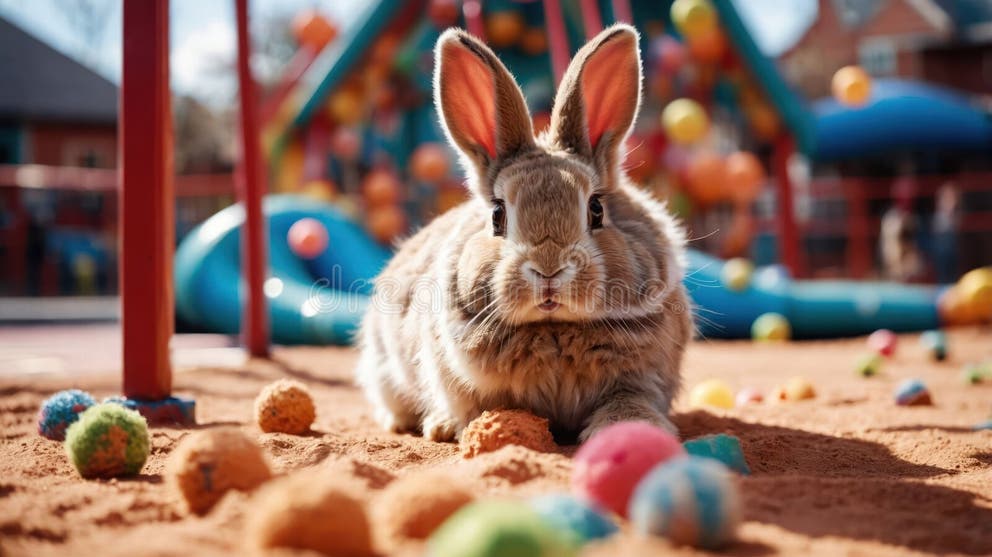 Adorable Bunny Rabbit Playing in Colorful Playground Sandpit Stock ...