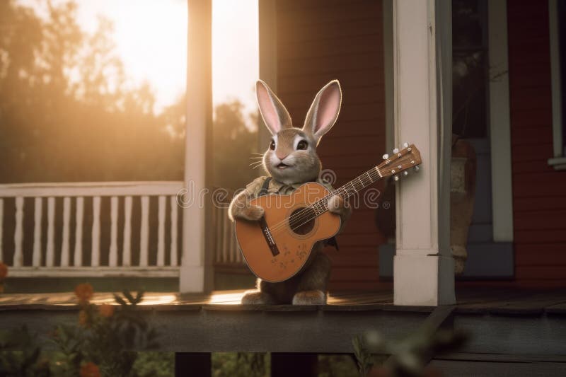 A Rabbit Playing a Guitar on a Porch. Generative AI Image. Stock ...