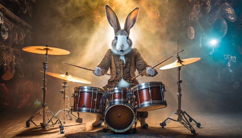 Rabbit plays drums stock illustration. Illustration of drums - 312467825