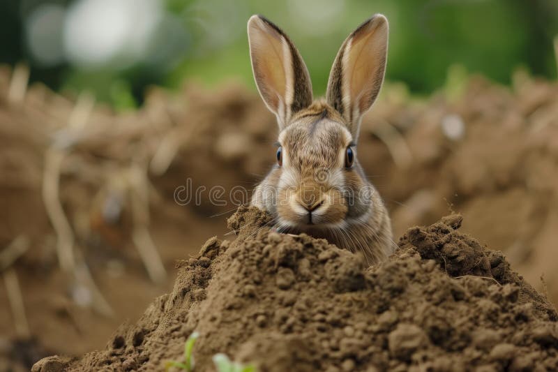 Rabbit Poking Head Out of Soil Mound Stock Photo - Image of nature ...