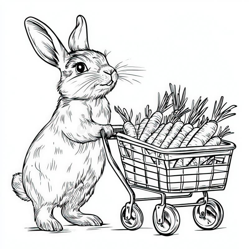 A Rabbit Pulling a Cart Full of Carrots , Coloring Page for Kids Stock ...