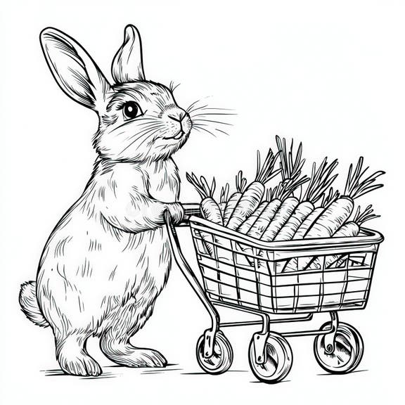 A Rabbit Pulling a Cart Full of Carrots , Coloring Page for Kids Stock ...