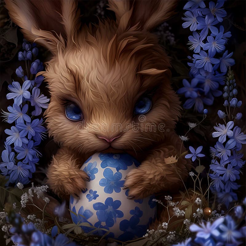 Rabbit in Purple Beautiful Flowers with Easter Egg. Stock Illustration ...