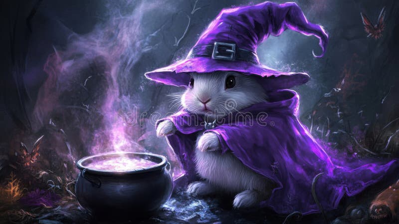 A Rabbit in a Purple Hat is Standing in Front of a Cauldron Stock ...