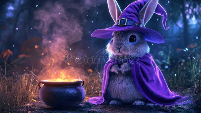 A Rabbit in a Purple Hat Stands in Front of a Cauldron Stock ...