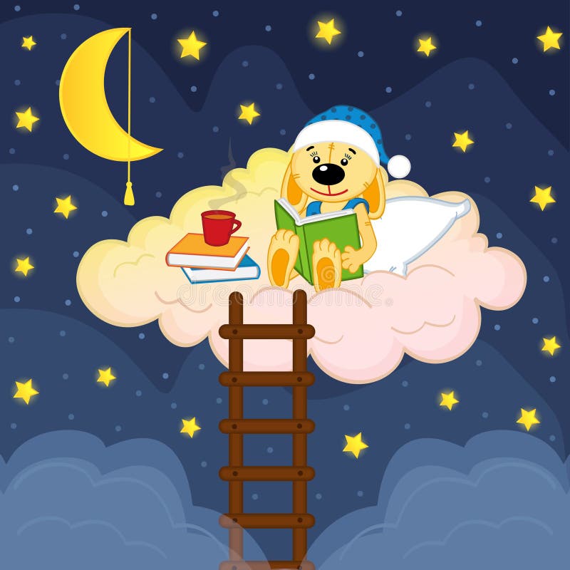 Rabbit Reads a Book in the Clouds at Night Stock Vector - Illustration ...