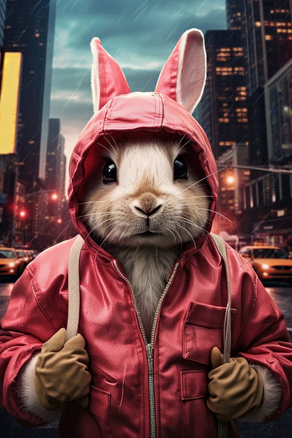 A Rabbit in a Red Jacket Standing in the Street. Stock Image - Image of ...