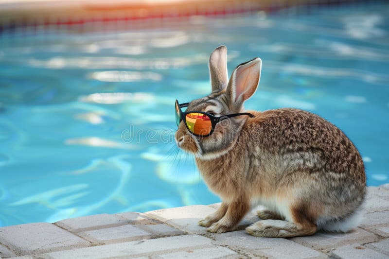 Rabbit with Reflective Sunglasses Next To a Swimming Pool Stock Photo ...