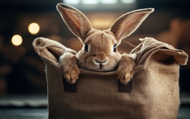 A Rabbit Rests in a Bag, Playfully Resting Its Paws on the Top of the ...