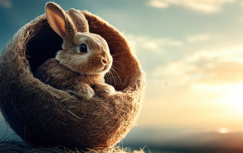 A Rabbit Rests in a Coconut Shell Against a Bright Sky Backdrop ...