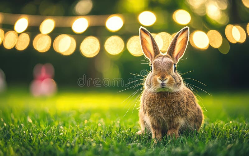 A Rabbit Rests in the Grass, Surrounded by Festive Lights, Capturing ...