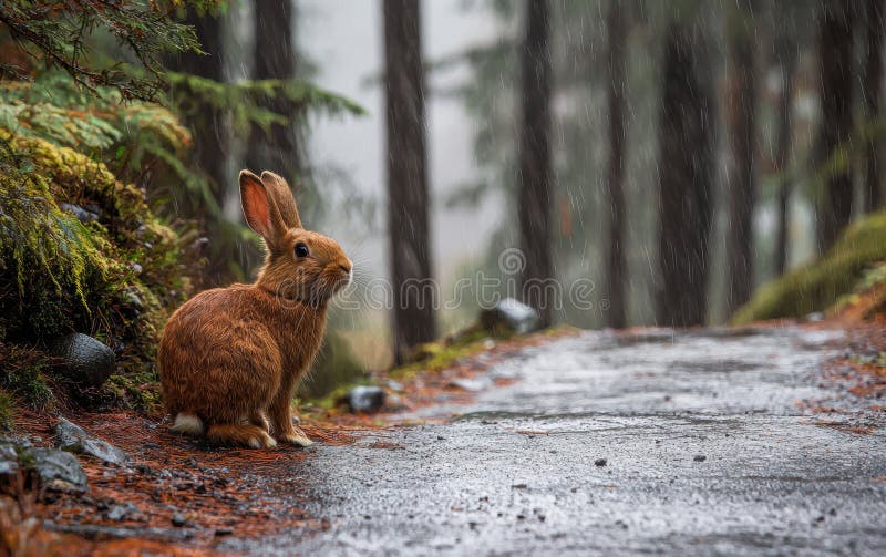 A Rabbit Rests by the Roadside Under the Rain, Capturing a Serene ...