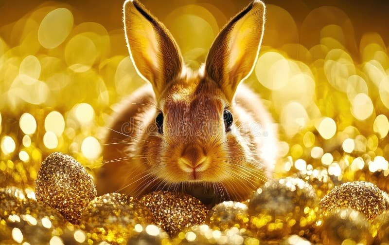 A Rabbit Rests on a Sparkling Gold Glitter Background, Perfect for ...