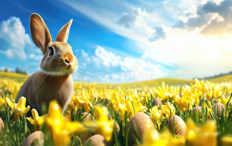 Rabbit Rests Vibrant Yellow Flowers Sunny Field Stock Photos - Free ...