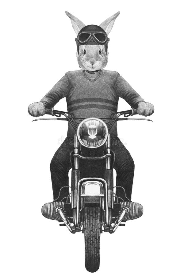 Rabbit Rides Motorcycle, Hand-drawn Illustration Stock Illustration ...