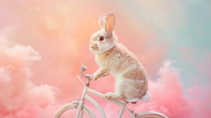 Rabbit Riding a Bicycle Against a Pastel Sky Background. Whimsical and ...